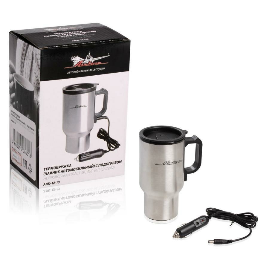 AIRLINE ABK-12-10 Термокружка (чайник автомобильный) с подогревом, нержавейка/пластик, 450 мл, 12V, 24W ( ) AIRLINE ABK-12-10