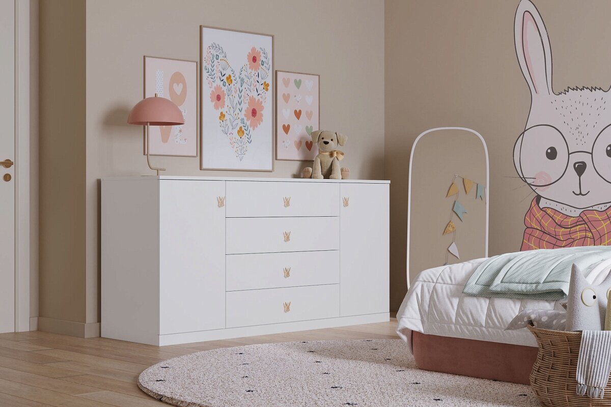 Комод МебельЛэнд24 Банни Mini - 3 Белый 160x52x80 двухдверный с 4 ящиками