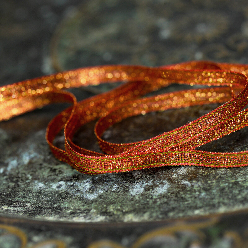 Лента парчовая 30 м, цвет красно-золотой металлик, ширина 5 мм, для рукоделия / декора / упаковки подарков