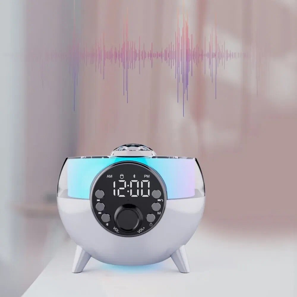 Ночник-колонка "Звездное небо", беспроводная зарядка, часы настольные, белого цвета