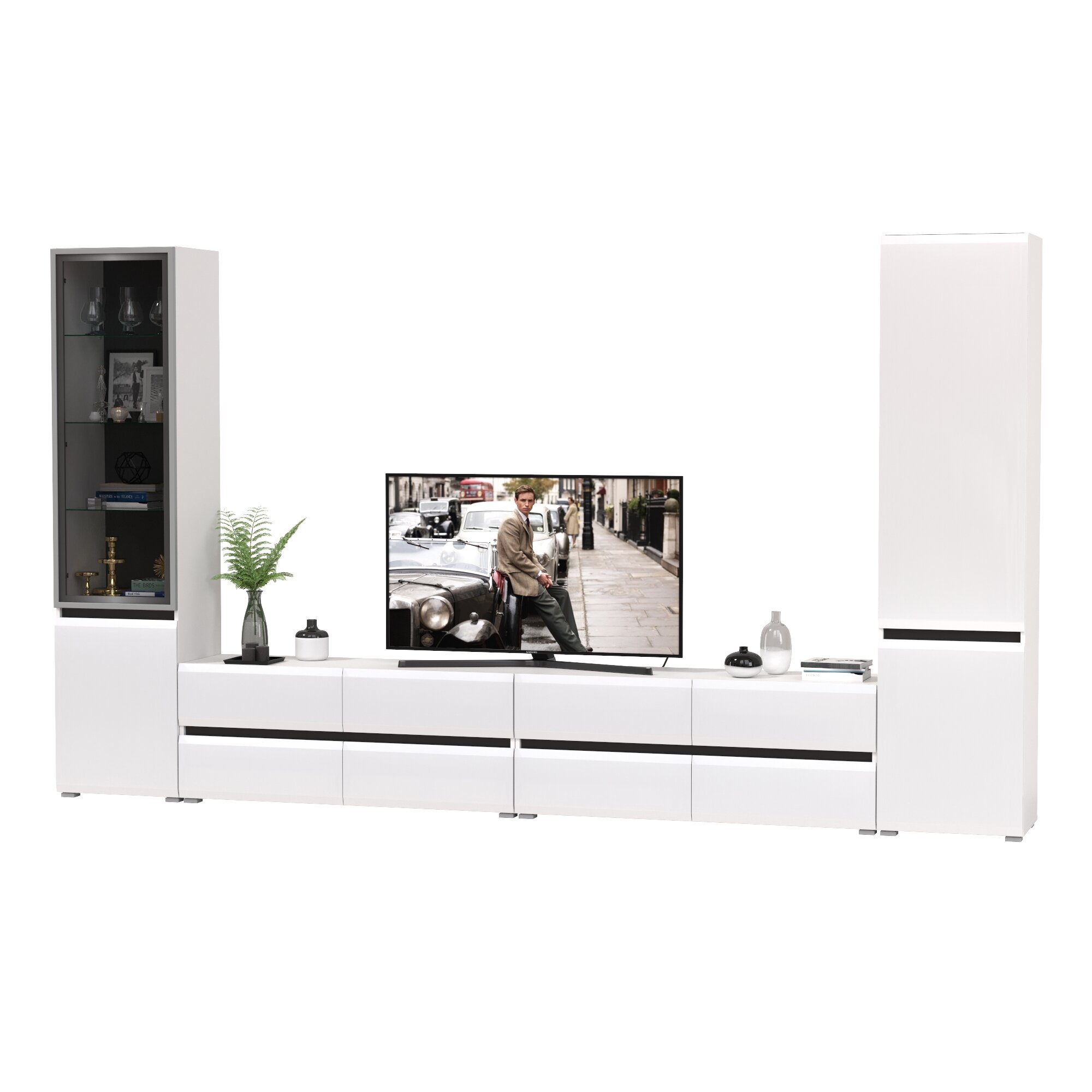 Стенка модульная Моби Сидней № 131, цвет белый/чёрный/МДФ белый глянец, 359,8х41,3х205,2 см.