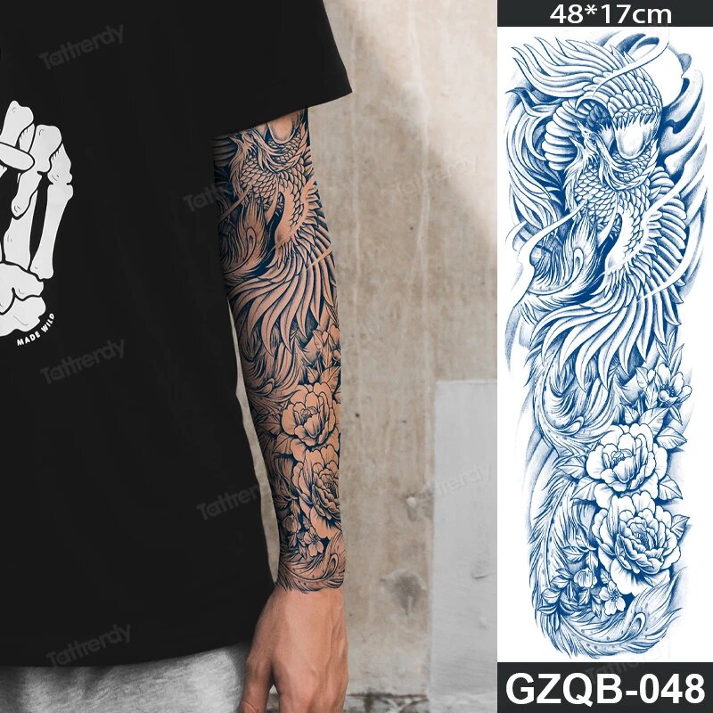 Временные татуировки Tattrendy, полный рукав, волк, череп, роза GZQB48
