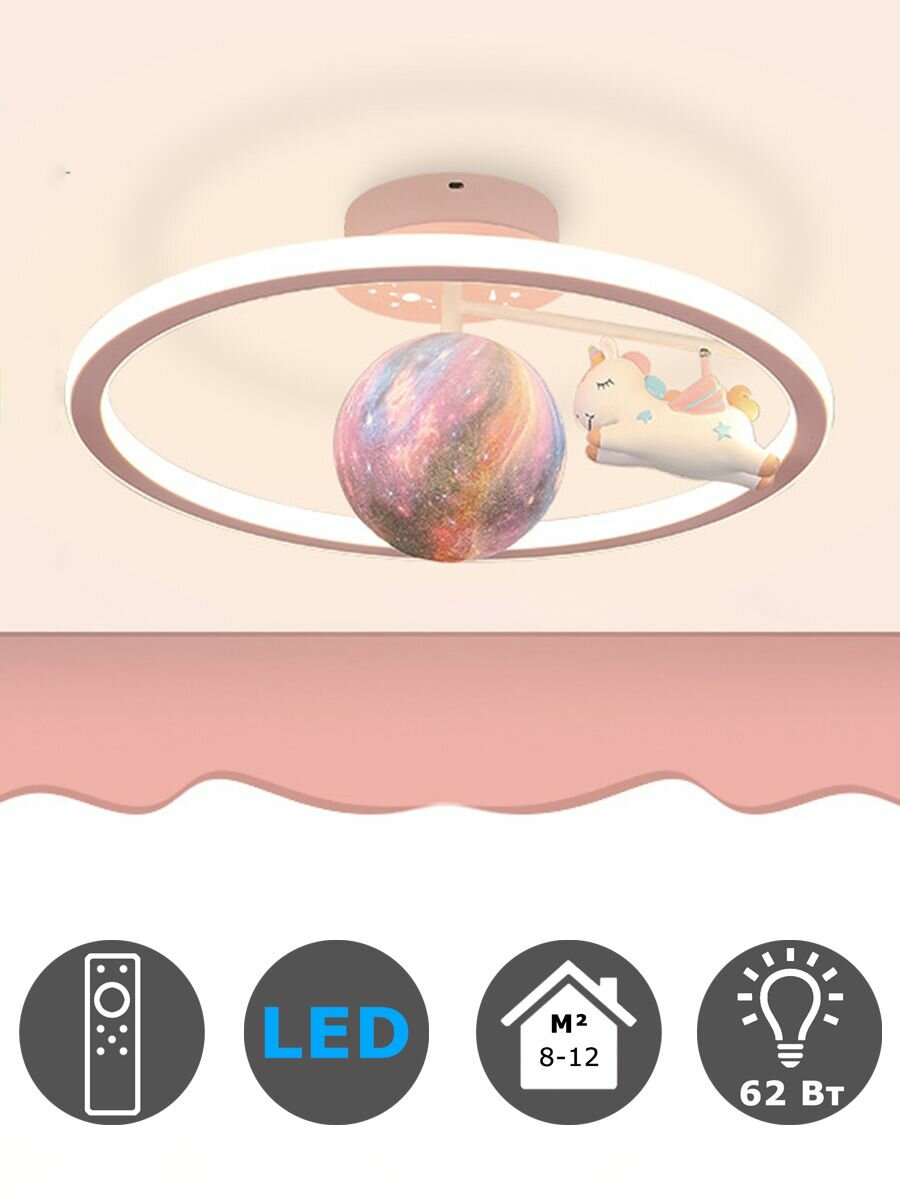 Потолочный светильник, Люстра потолочная кольца, диммируемая, сферический абажур с мультяшным декором, с пультом, красочный, розовый, "Yitang-8017"