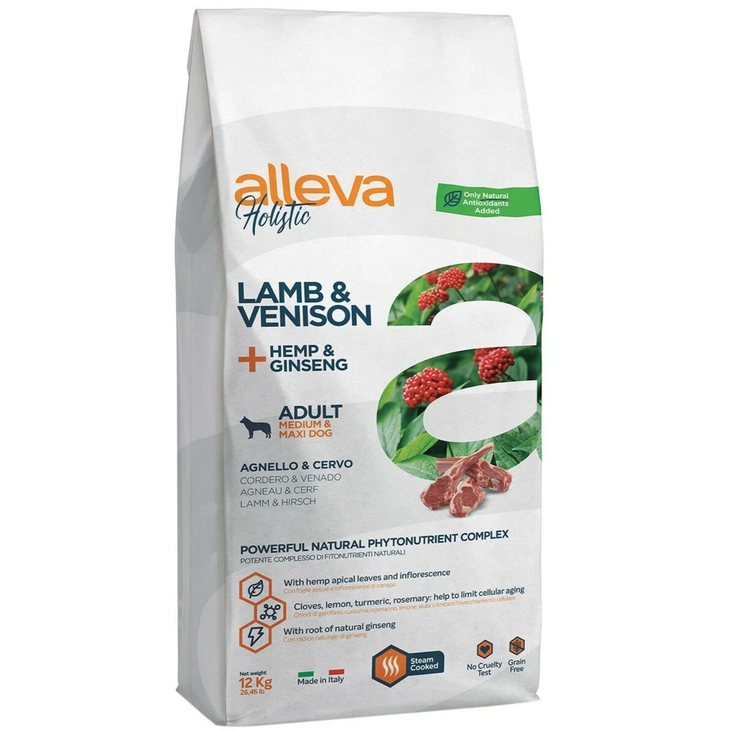 ALLEVA HOLISTIC Сухой корм для взрослых собак с ягненком и олениной. Медиум Макси 12кг