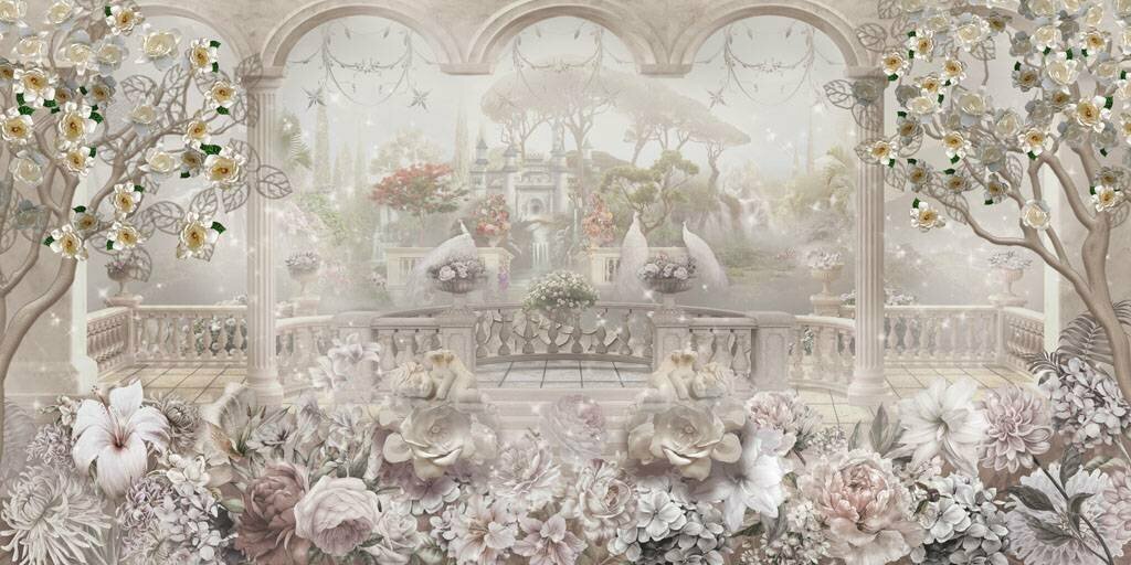 Фотообои Сад в стиле прованс 13-342-S-Холст 270 x 200 см (ВхШ) Бесшовные, флизелиновые, влагостойкие обои MasterFresok