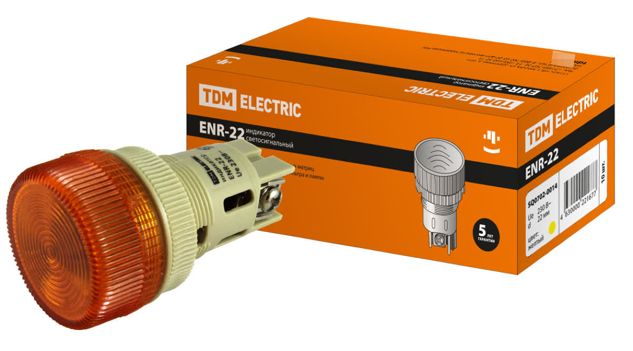 Лампа сигнальная индикаторная TDM Electric / ТДМ Электрик ENR-22 светодиодная, неоновое желтое свечение, длина 52мм, диаметр отверстия 22мм, 230В, IP40 / индикатор
