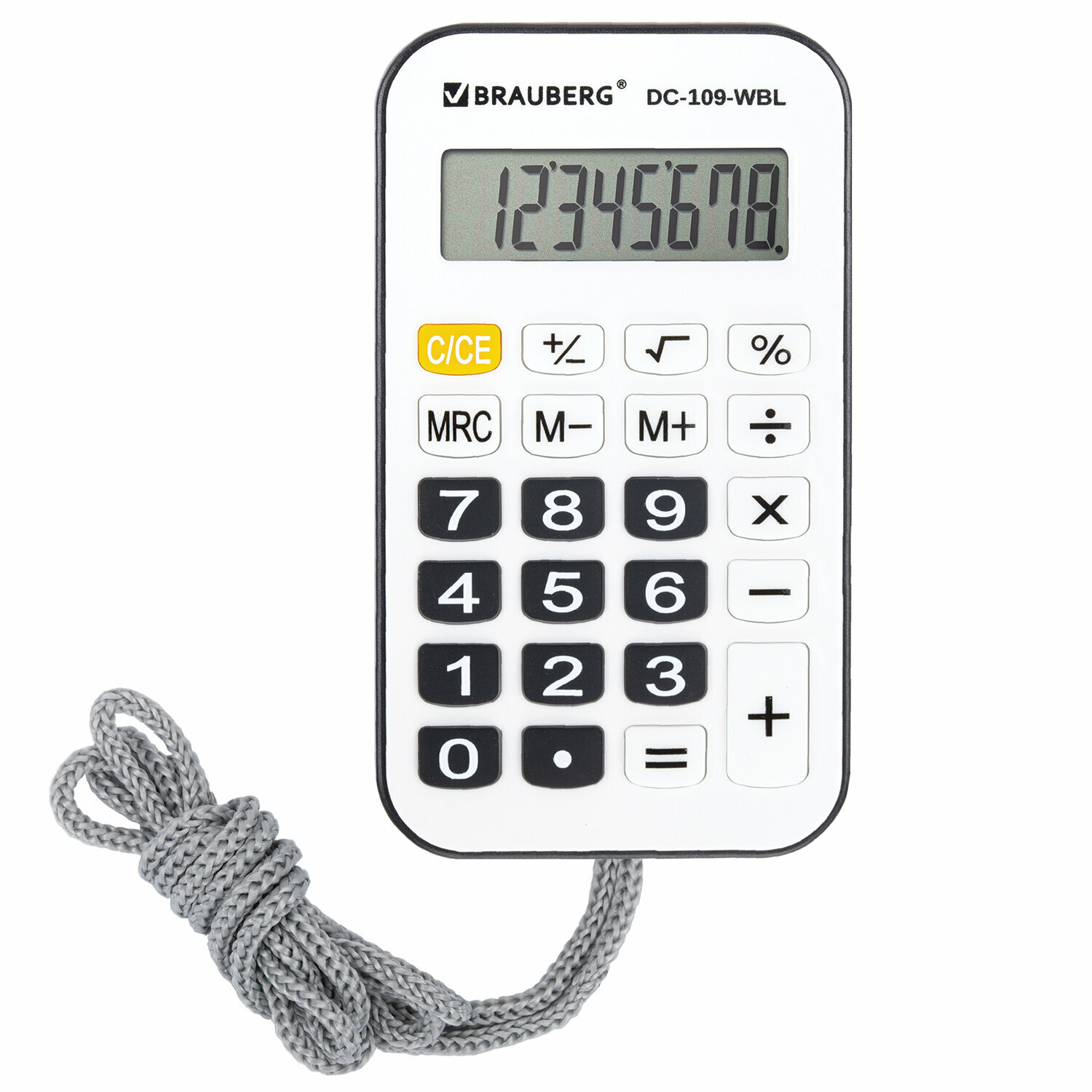 Калькулятор карманный со шнурком BRAUBERG DC-109-WBL (61x110 мм), 8 разрядов, белый/черный, 272643