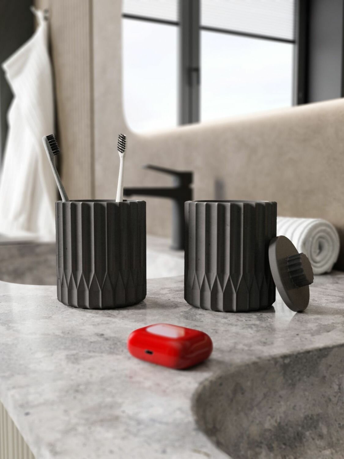 Набор аксессуаров для ванной комнаты "San Marino", темно серый глянцевый: стакан, контейнер с крышкой
