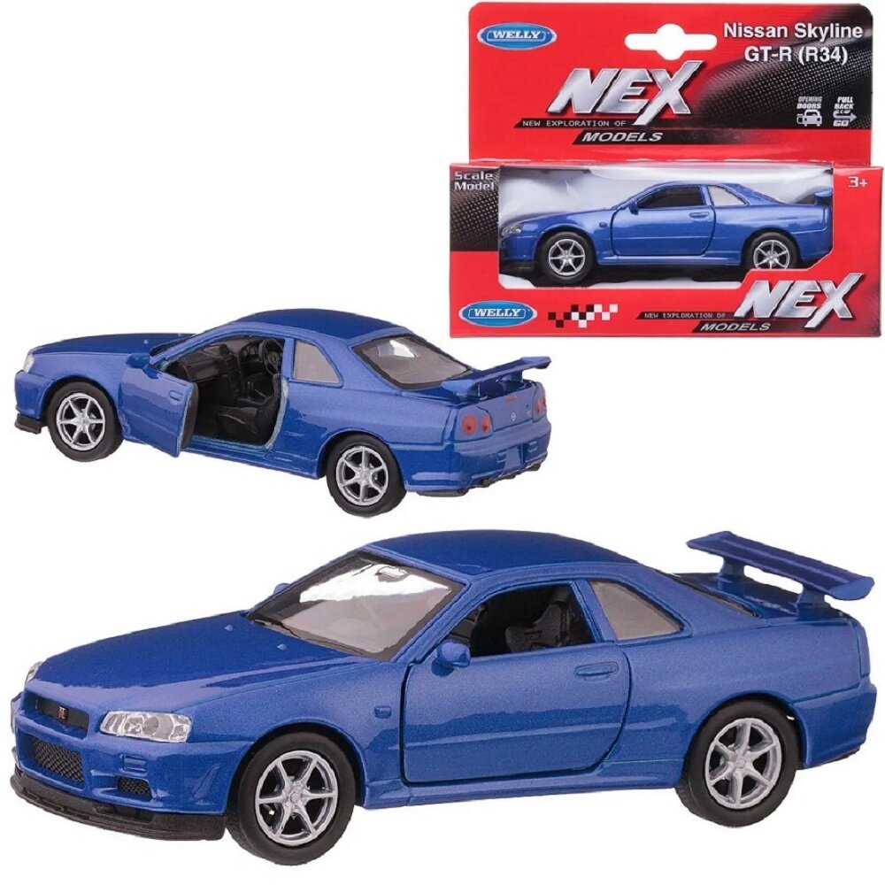 Модель машины Welly "Nissan Skyline GT-R R34", масштаб 1:38, пружинный механизм, синяя