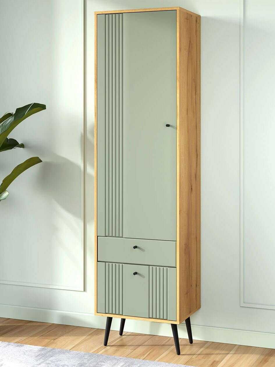 Распашной шкаф-пенал для одежды и хранения вещей Вега Саксония с ящиком, с полками, с доводчиками, 53.7х40х200 см, Дуб Крафт золотой / Серо-зеленый