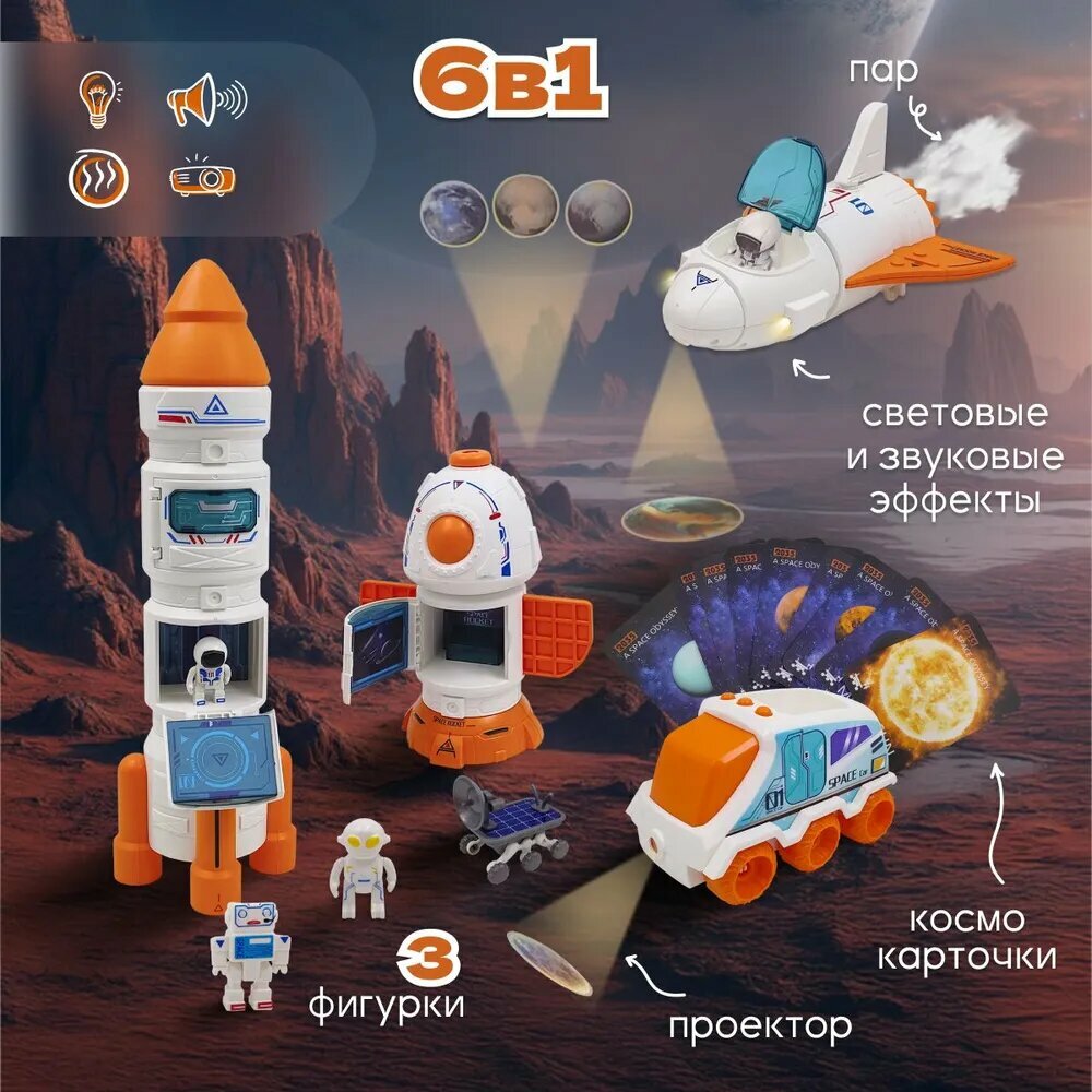 Интерактивная игрушка для детей "Полёт в космос" ND Play со звуковыми и световыми эффектами / Большой набор / Космическая станция, корабль, шаттл, марсоход