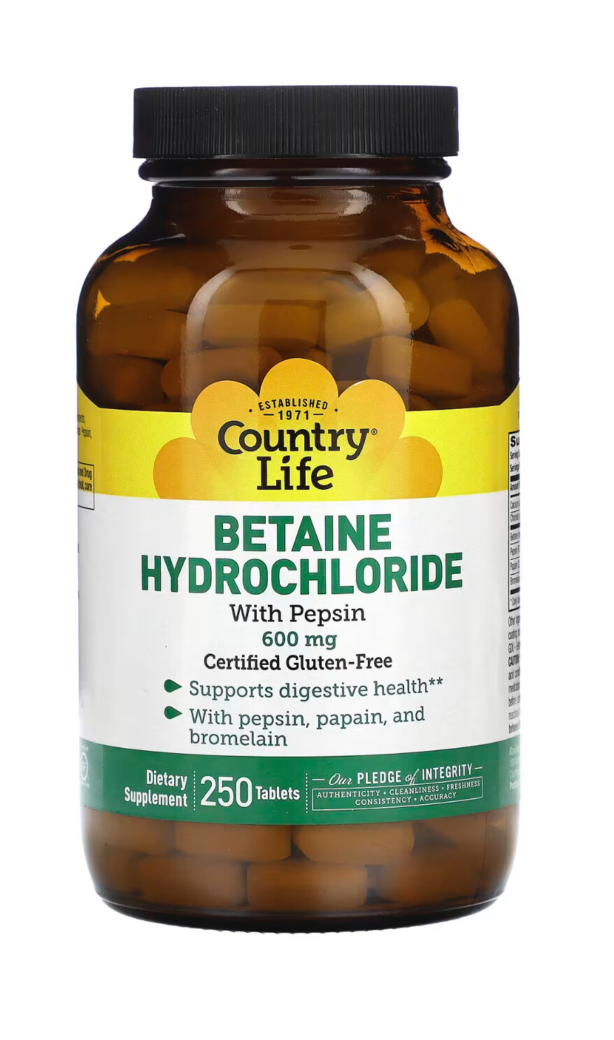 Country Life Betaine Hydrochloride with Pepsin 600 mg, Пищевая добавка, 250 таблеток