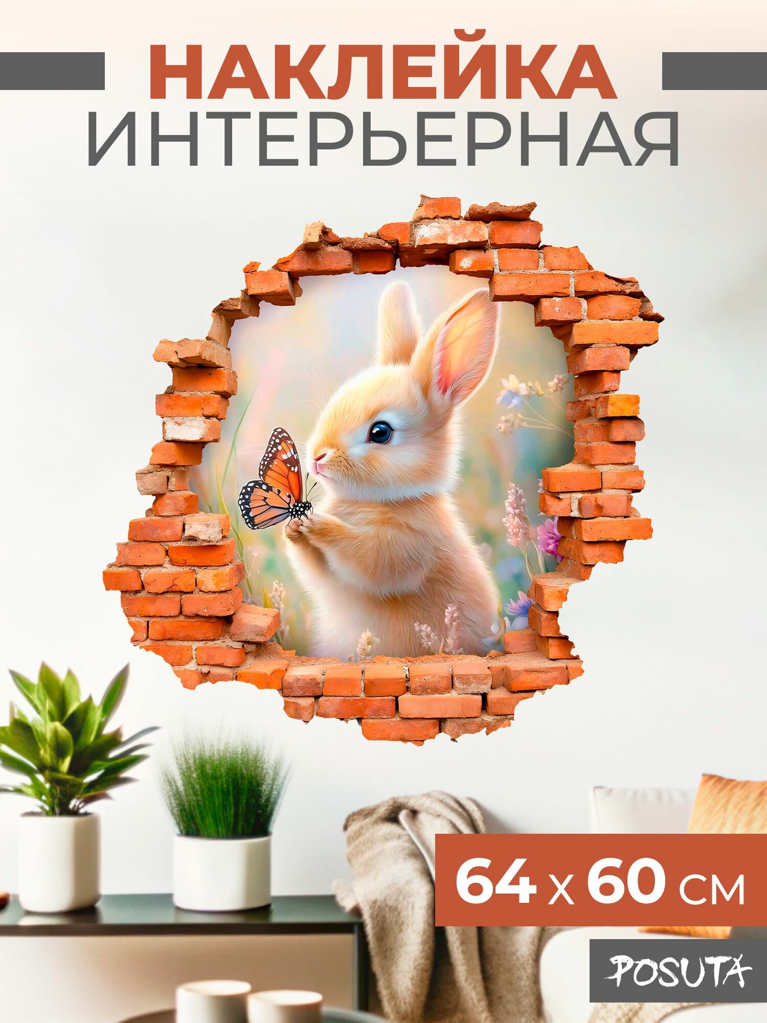 Наклейка интерьерная зайчик и бабочка