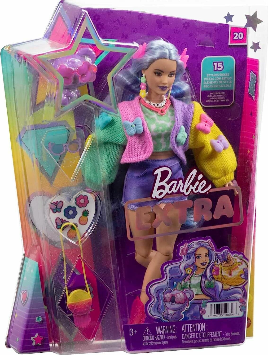 Barbie Extra Doll 20 - Кукла Барби Экстра 20 в лавандовом свитере с бабочками и питомцем Коала
