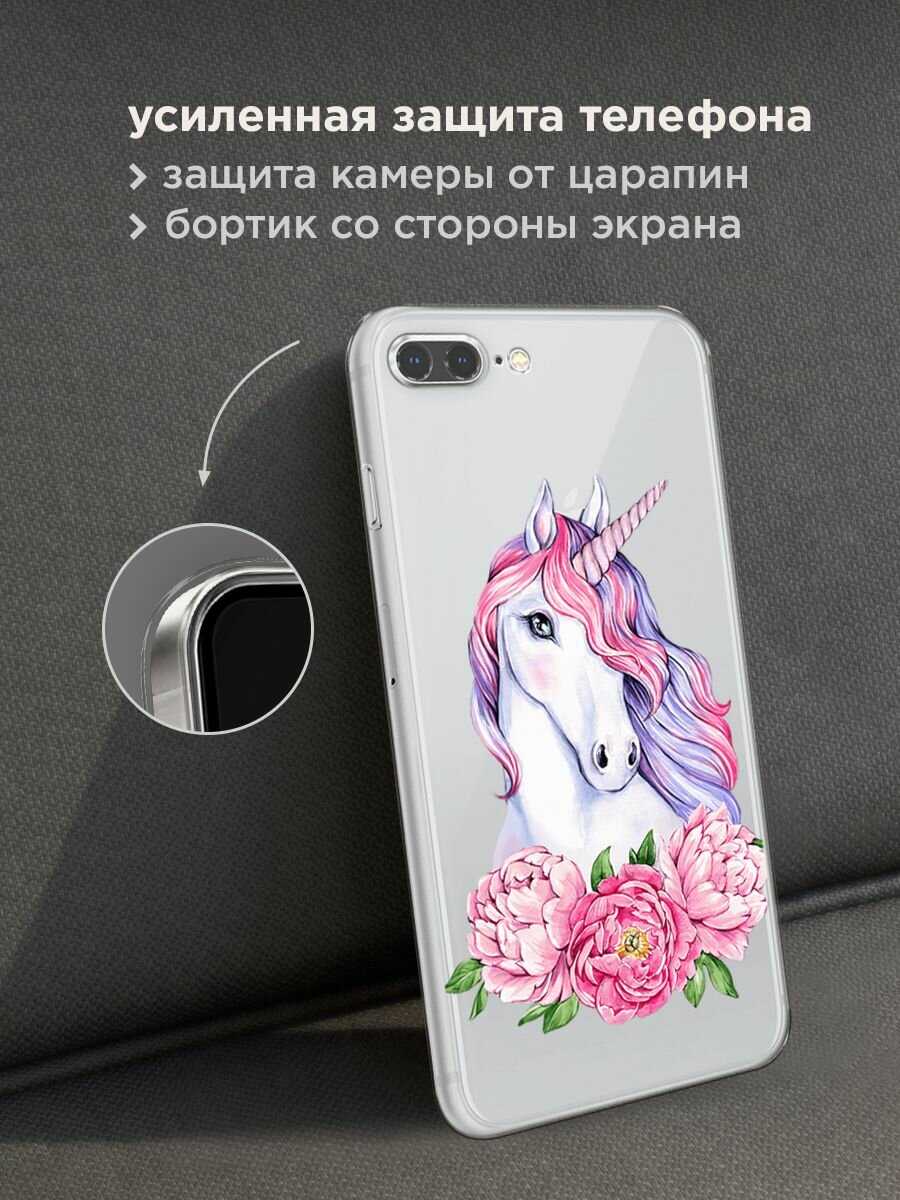 Чехол на Apple iPhone 7 Plus / Айфон 7 Плюс с принтом "Единорог с пионами", прозрачный — фото 1