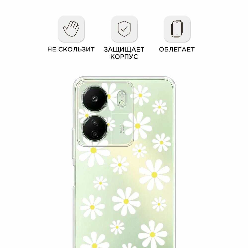 Чехол на Xiaomi Redmi 13C/Poco C65 / Сяоми Редми 13C/Поко С65 с принтом "Большие ромашки", прозрачный — фото 1
