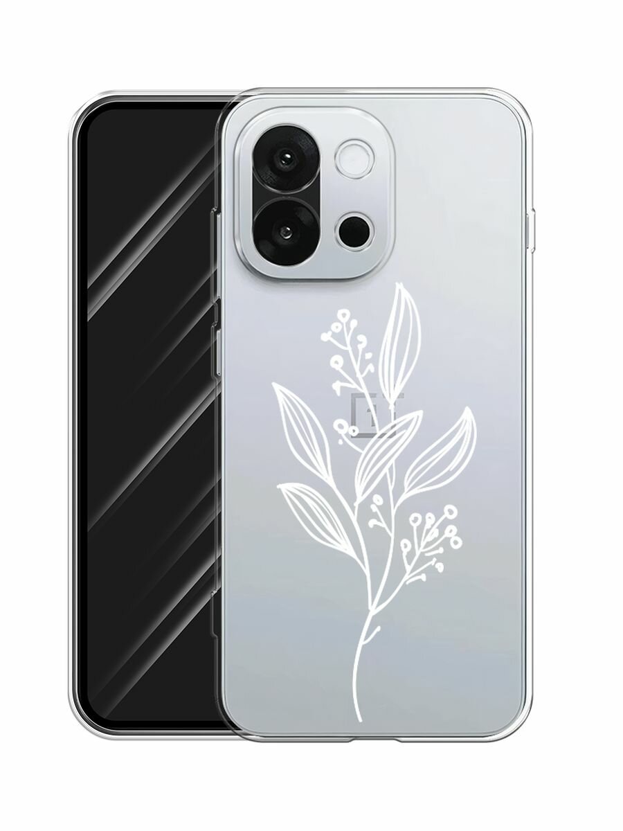 Чехол на OnePlus 13T / Ван Плас 13Т с принтом "Ветка с листочками и цветами", прозрачный — фото 1