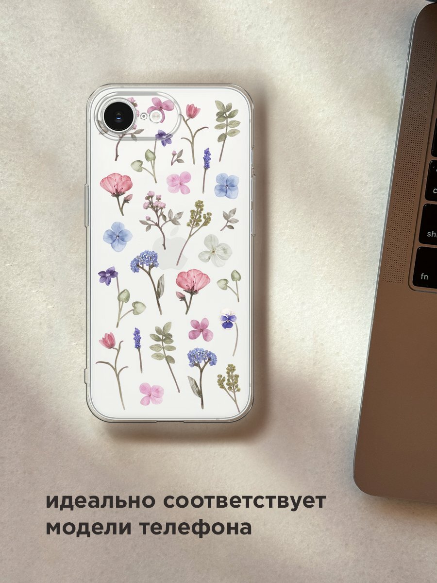 Чехол на Apple iPhone 16e/17e / Айфон 16е/17e с принтом "Гербарий из полевых цветов", прозрачный — фото 1