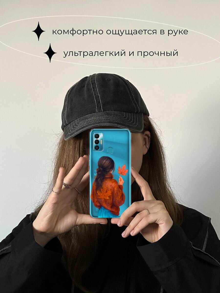 Чехол на Tecno Spark 7 / Техно Спарк 7 с принтом "Девушка с опавшим листом", прозрачный — фото 1