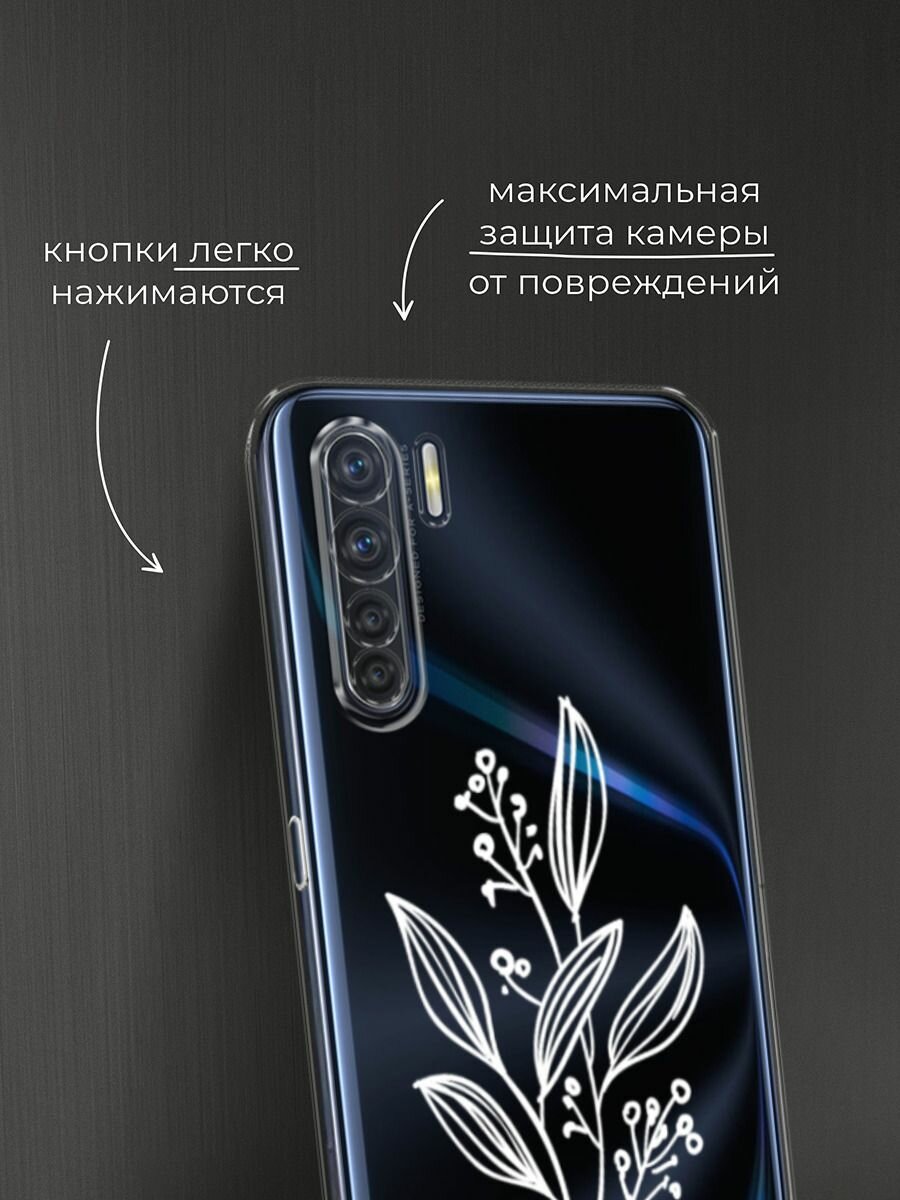 Чехол на Oppo A91/Reno 3 / Оппо A91/Рено 3 с принтом "Ветка с листочками и цветами", прозрачный — фото 1