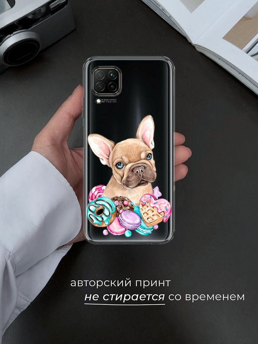 Чехол на Honor 30S Global/Huawei P40 Lite 5G/Nova 7 SE с принтом "Бульдог и сладости", прозрачный — фото 1