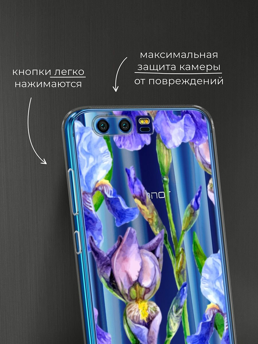 Чехол на Honor 9 / Хонор 9 с принтом "Синие ирисы", прозрачный — фото 1