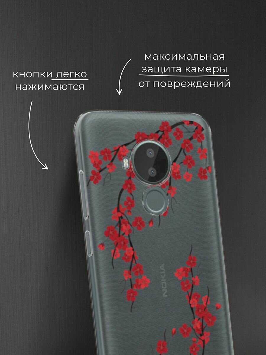 Чехол на Nokia C30 / Нокия C30 с принтом "Красная сакура", прозрачный — фото 1