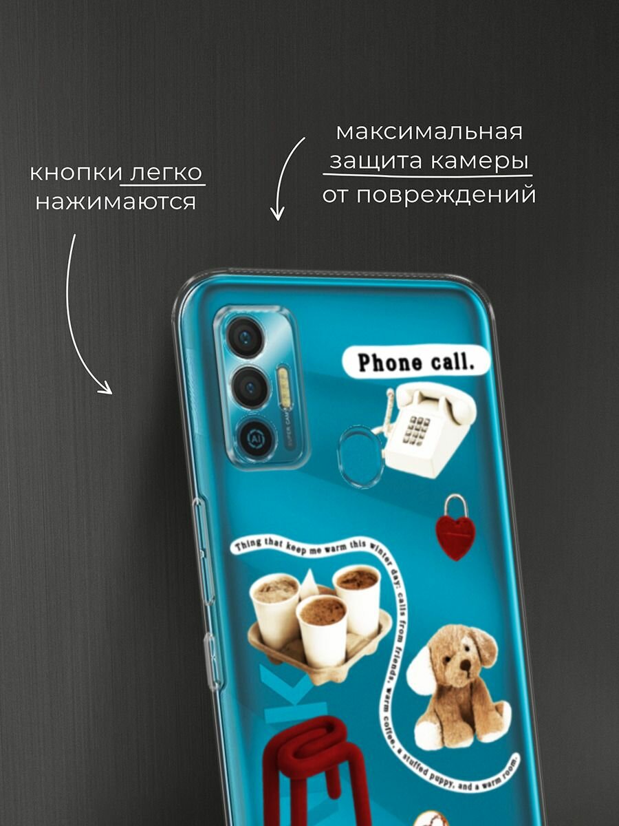 Чехол на Tecno Spark 7 / Техно Спарк 7 с принтом "Phone call", прозрачный — фото 1