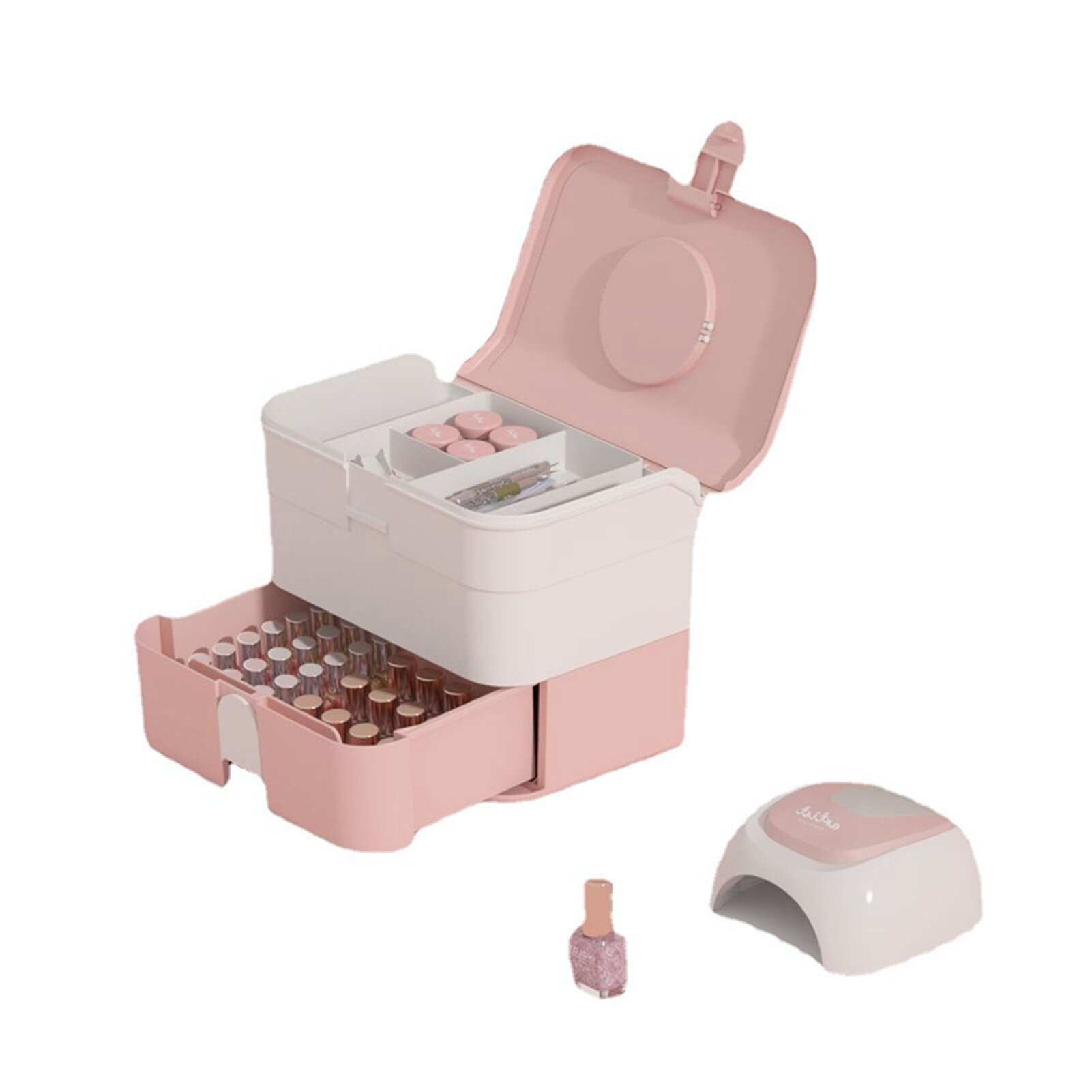 Косметическая коробка для хранения 2 слоя ящика с большим объемом портативной макияжа с ручкой для лака для ногтя розовый