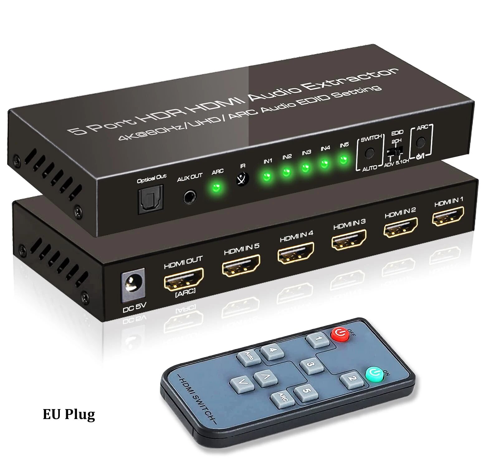 5 портов 4K @ 60 Гц HDMI переключатель с оптическим и 3,5 мм AUX аудио выход, 5 в 1 выход HDMI 2,0 переключатель аудио экстрактор с дистанционным управлением, EU Plug