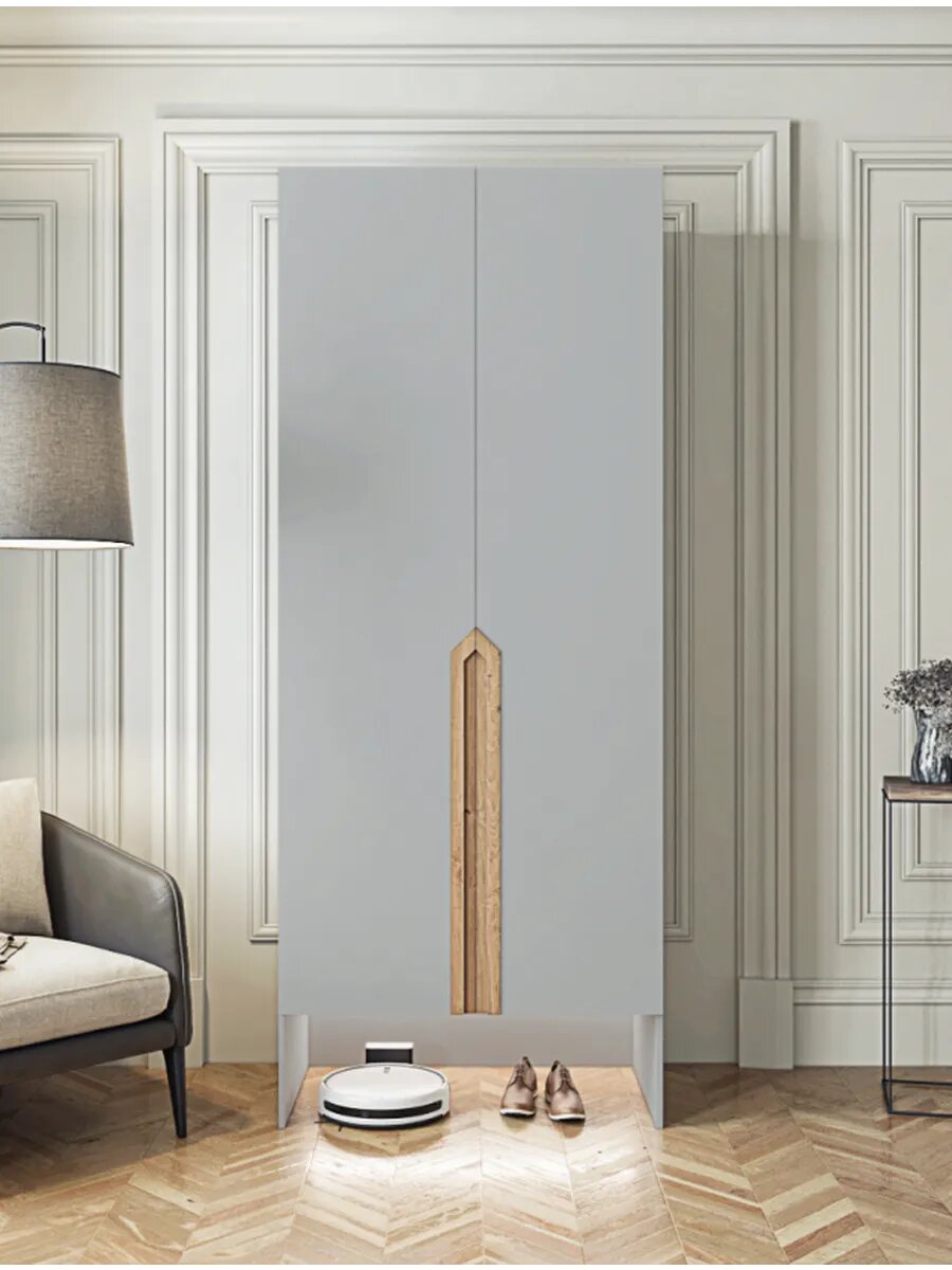 Casa Mia 90х210х65 см. Детский шкаф для одежды в прихожую 2-дверный с подсветкой и штангой, серый, ручка из массива дуба