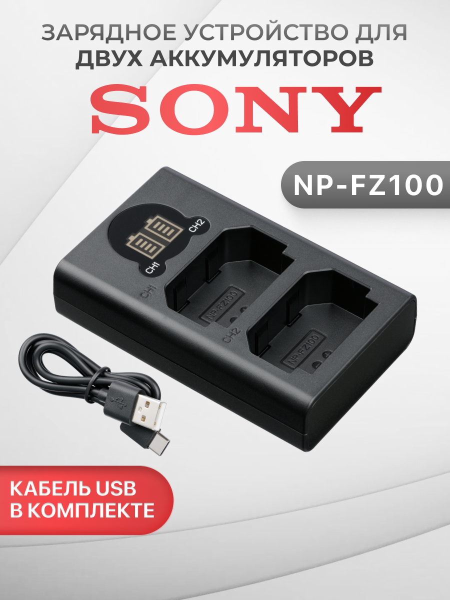Двойное зарядное устройство для Sony NP-FZ100 / Alpha a6700 (Dual Charger), разъем USB Type-C, микро USB