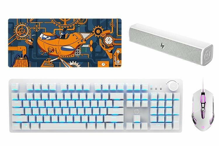 Игровая клавиатура проводная HP HUIPU MX3.0S TKL, розовая RGB-подсветка, K10G Ice Soul White + Gaming Mouse + Gaming Audio + Super Large Gaming Mouse Pad