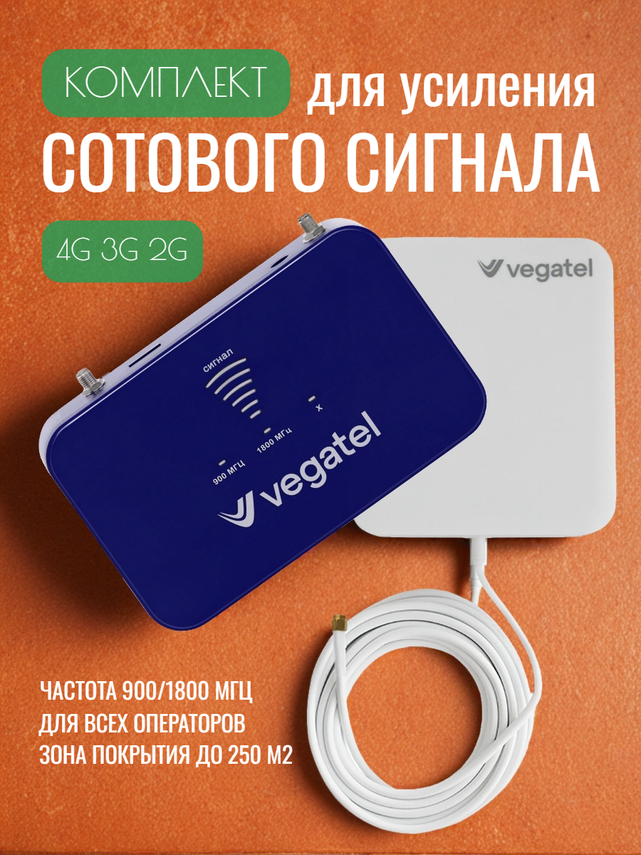 Комплект для усиления сотового сигнала 4G/3G/2G 900/1800Мгц (репитер+антенна), 250м2