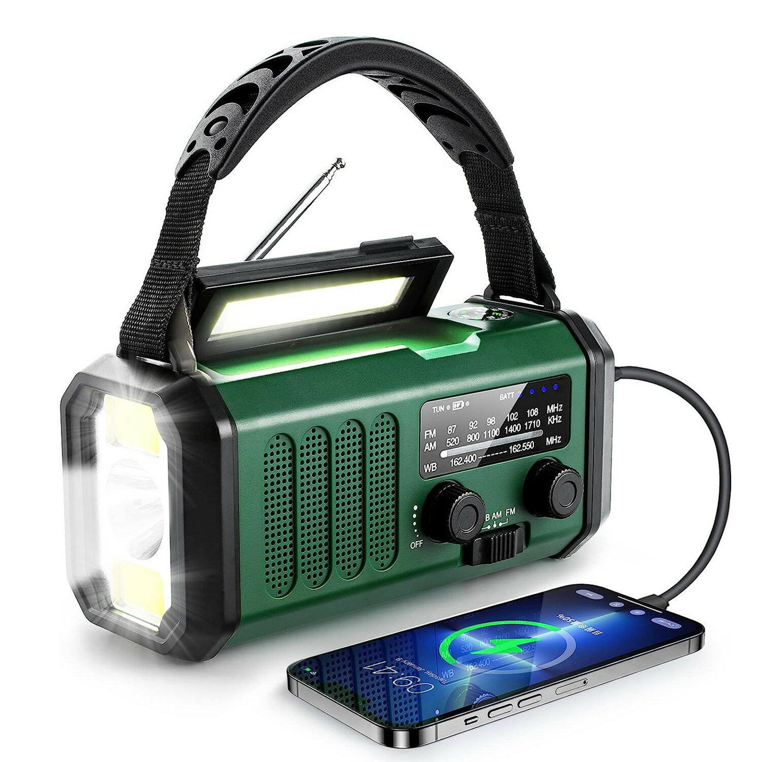 Солнечный портативный рация выживания, ручное крановое зарядное устройство фонарик, разъем Type-C/приемник FM, мобильное питание, для аварийных чемоданов/раций с генератором и солнечными элементами, Зеленый цвет, Максимальное потребление мощности 0.5