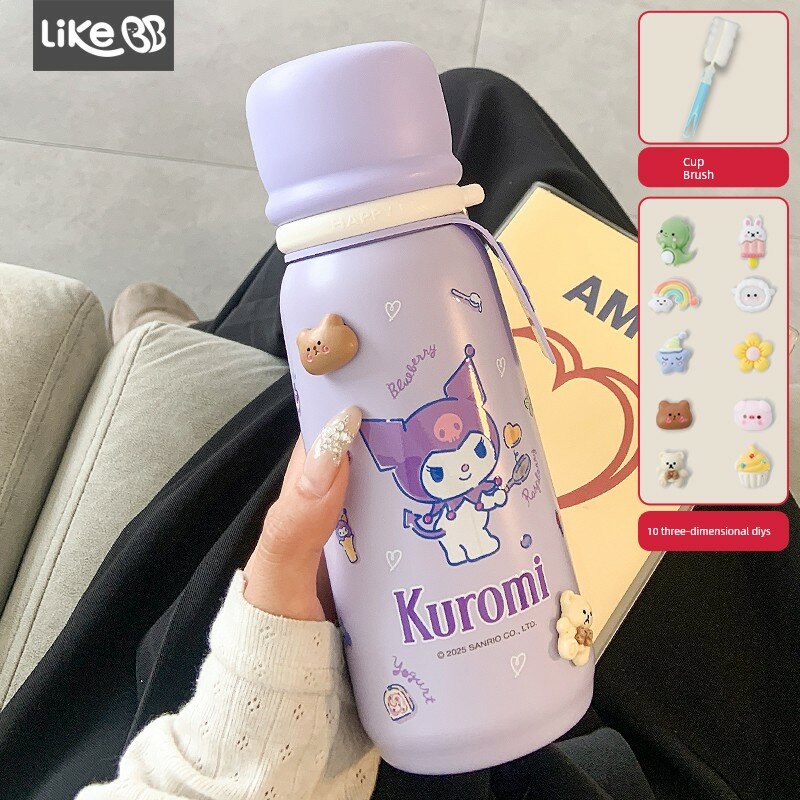Sanrio Kuromi Нержавеющая стальная термос-чашка 450 мл с двойным носиком и герметичной крышкой для женщин