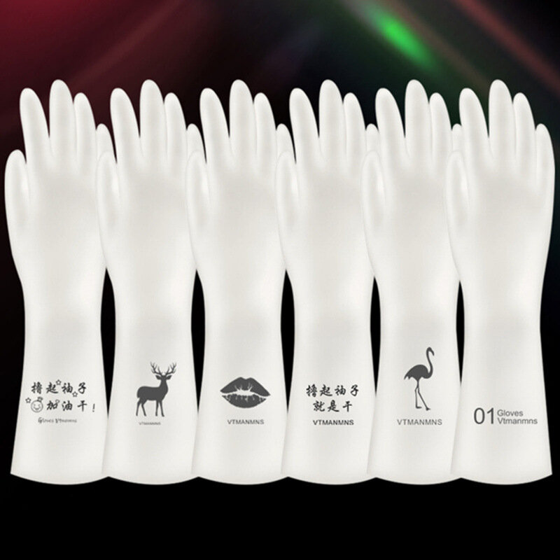 Бытовые перчатки для стирки с белой передачей Водонепроницаемая пластиковая Резина Бытовая Чистка Нескользящие