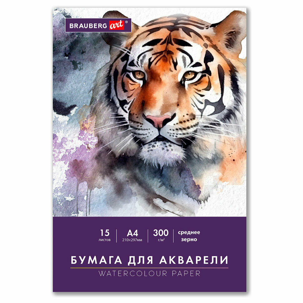 Бумага для акварели А4 в папке, 15 листов, 300 г/м2, среднее зерно, BRAUBERG ART CLASSIC, 116353, 116353