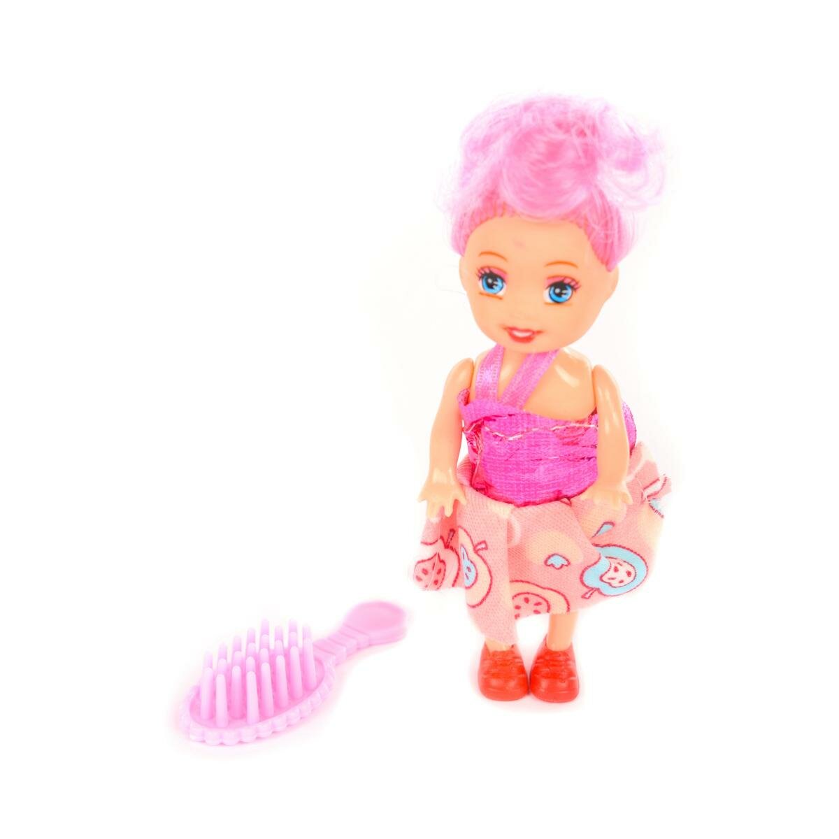 Кукла модельная с аксессуарами 8см, розовые волосы, фиолетовое платье