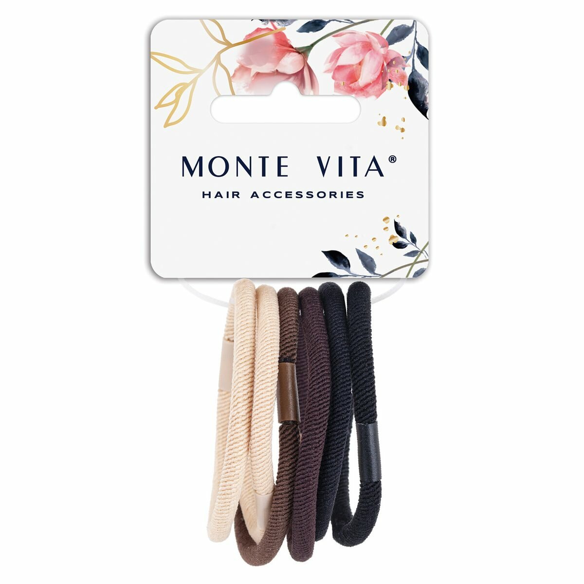Резинки для волос набор 6шт, 0,4х14см, чёрный, коричневый, бежевый, Monte Vita, 12 уп.
