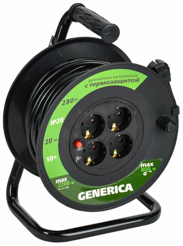 Удлинитель на катушке 4х20м 10А IP20 УК20 2P+PE 3х1 термозащита GENERICA WKP10-10-04-20-G