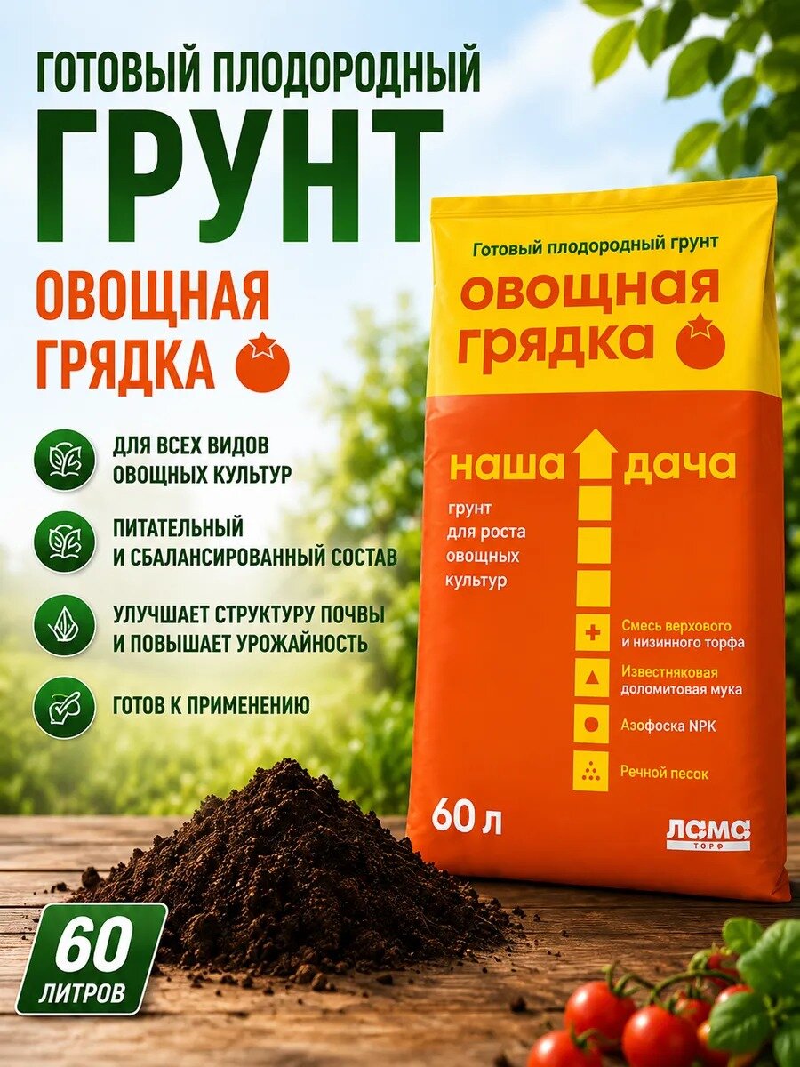 Грунт готовый питательный для овощей Овощная грядка 60 л