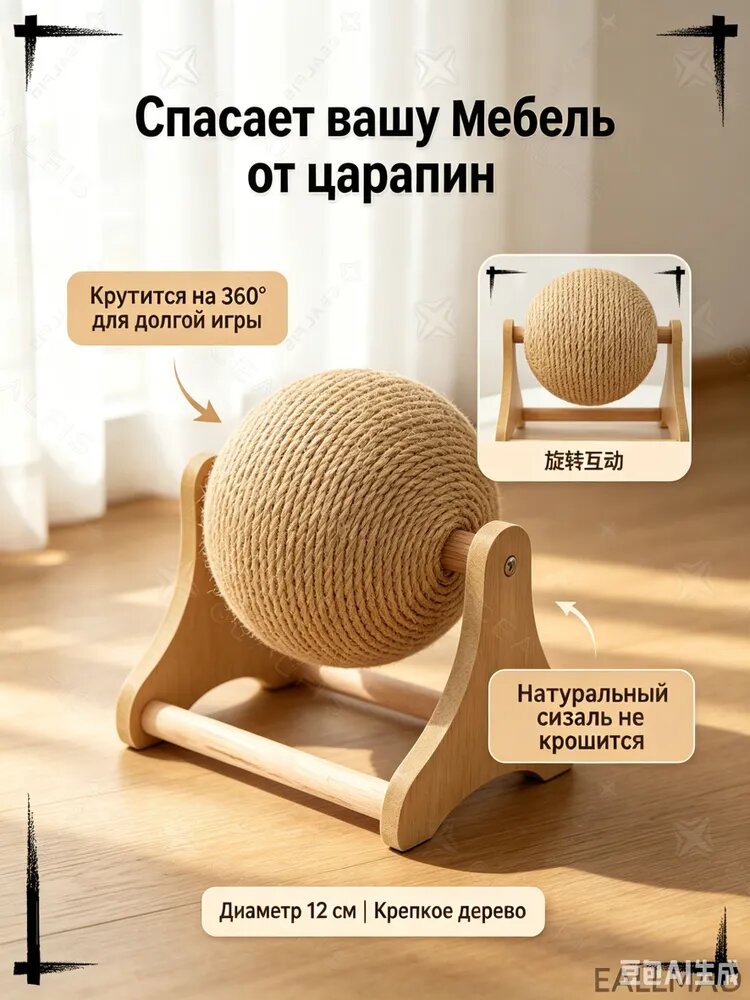 Когтеточка для кошек, вращающийся шар из натурального сизаля на деревянной подставке-интерактивная игрушка для заточки когтей, для котят и взрослых питомцев в дом.