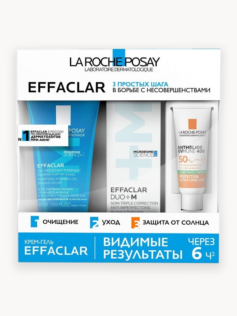 La Roche Posay (Ля Рош-Позе) Эфаклар набор (гель очищ. пенящ.50мл + крем-гель Дуо+М 15мл + флюид Антгелиос 3мл)