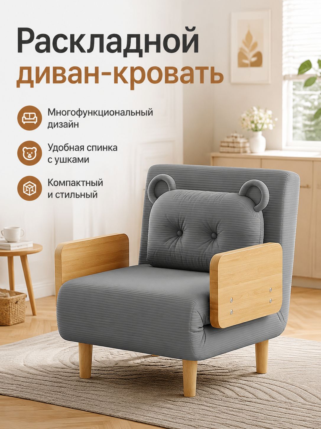 Складное кресло-кровать 65 см, обивка ткань, поролон, серый