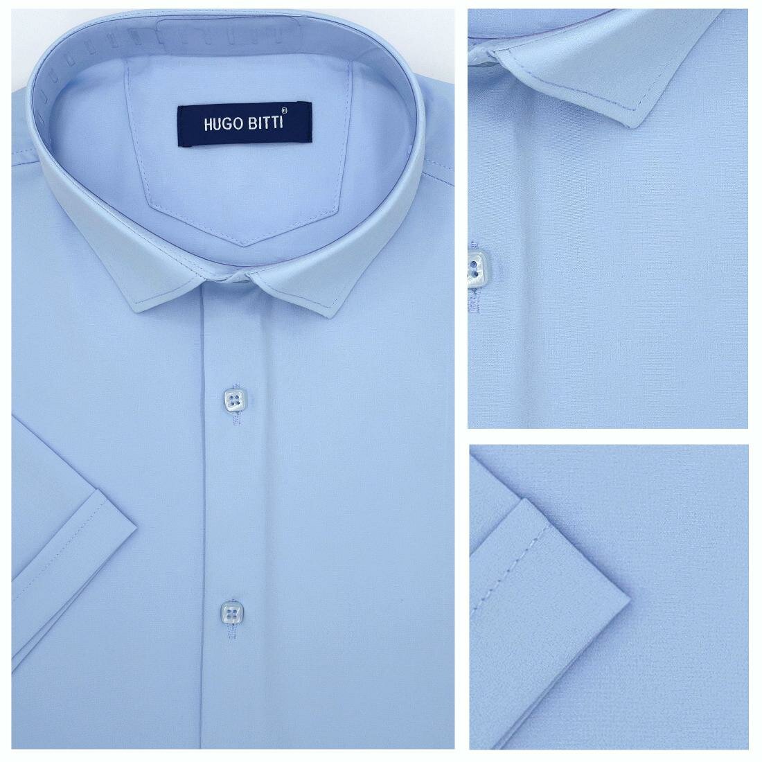 Рубашка МУЖСКИЕ РУБАШКИ Рубашка мужская с коротким рукавом, приталенная, светлая сорочка, на пуговицах, рубаха на любой сезон, стильный фасон одежды, голубая, однотонная, без карманов, летняя, размер L++, голубой — фото 1