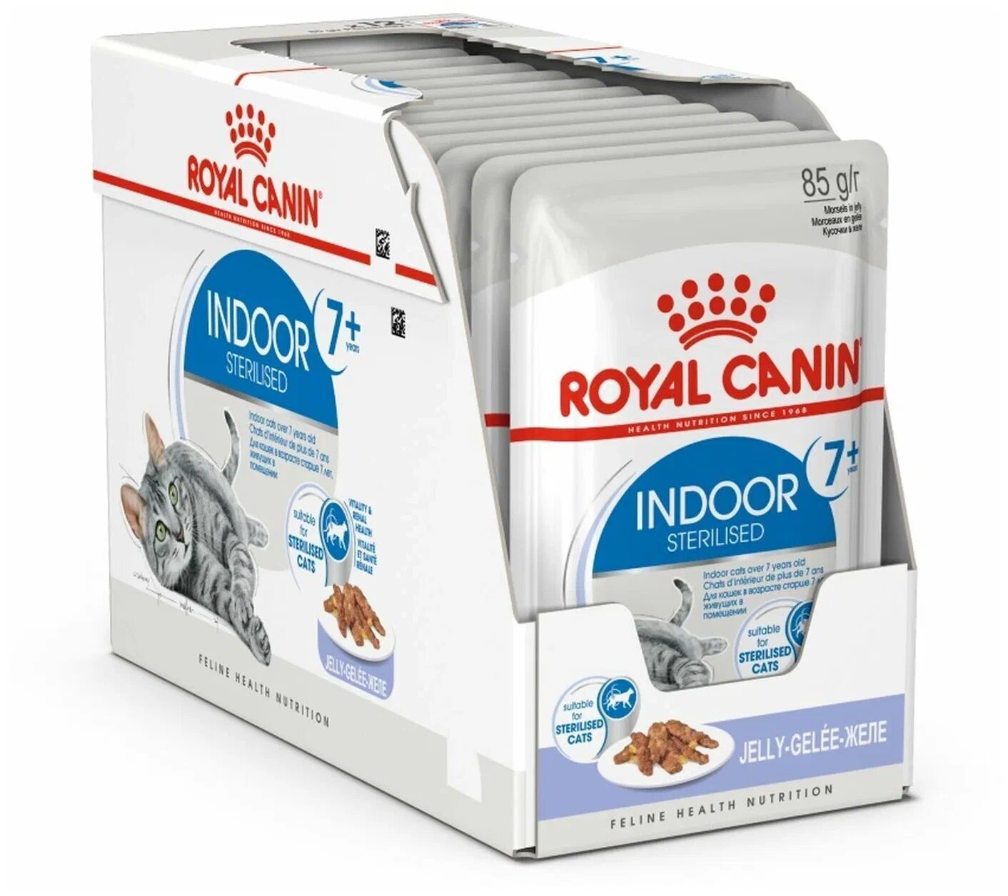 Влажный корм для стерилизованных домашних пожилых кошек Royal Canin Indor Sterilised 7+ кусочки в желе, 12 шт. х 85 г
