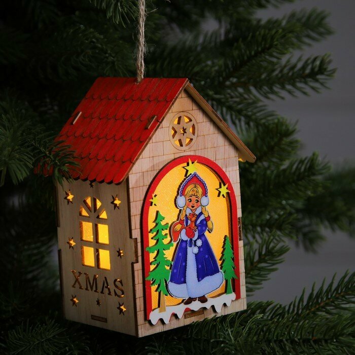 Ёлочная игрушка Домик со Снегурочкой, 14.5×11×8.5 см, 1 LED, от батареек, свечение тёплое белое
