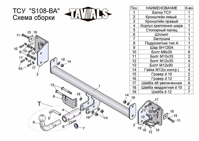 Фаркоп(прицепное) Tavials для SKODA OCTAVIA 3 (5E3) (хетчбек) 2013 - . г. в. (С быстросъемным шаром)(паспорт и сертификат в комплекте)(без электрики)T-S108-BA