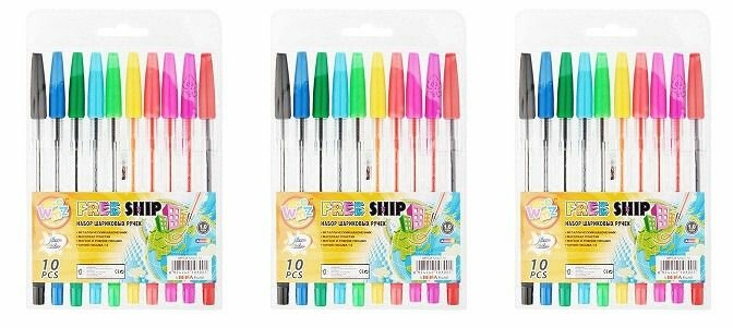 Beifa Набор шариковых ручек, 10 цветов 0,5 мм шестигранный корпус, 10 шт в уп, 3 уп.